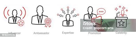 인플루언서 앰배서더 전문 지식으로서의 5개의 인플루언서 아이콘 세트 개념에 대한 스톡 벡터 아트 및 기타 이미지 개념 개념과 주제 대사 Istock