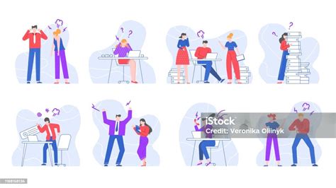 스트레스를 받은 사업가 사무실 환경 벡터 일러스트 세트에서 문자를 맹세 고함 및 비명 사무실 노동자 직장에서의 갈등 분쟁 및 직장에서의 다툼 비즈니스에 대한 스톡 벡터 아트