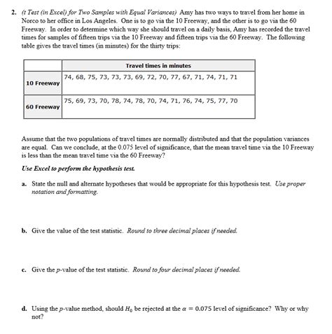 Solved T Test In Excel For Two Samples With Equal Chegg