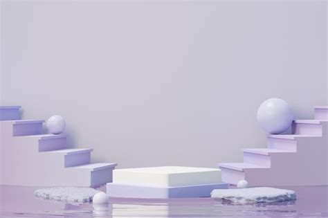 제품 프레젠테이션 및 광고를 위한 2022년 디자인의 베리 페리 색상이 있는 뷰티 연단의 3d 렌더링 최소한의 파스텔 하늘과 꿈꾸는 땅 장면 로맨스 개념입니다