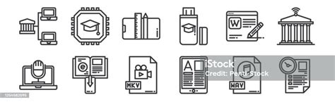 선형 E러닝 아이콘 12세트 시험 전자 리더 전자 책 위키 백과 온라인 교육 웹 모바일 Cpu와 같은 얇은 개요 아이콘 아이콘에 대한 스톡 벡터 아트 및 기타 이미지
