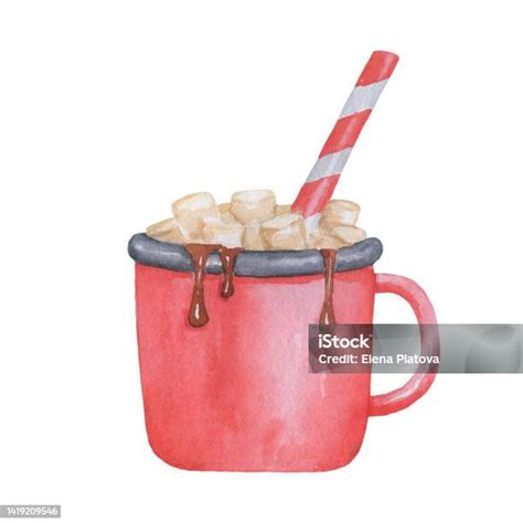 크리스마스 캔디 지팡이와 마시멜로가 들어간 수채화 핫 초콜릿은 흰색 배경에 고립 된 레드 컵에 담겨 있습니다 핫 초콜릿에 대한 스톡 벡터 아트 및 기타 이미지 Istock