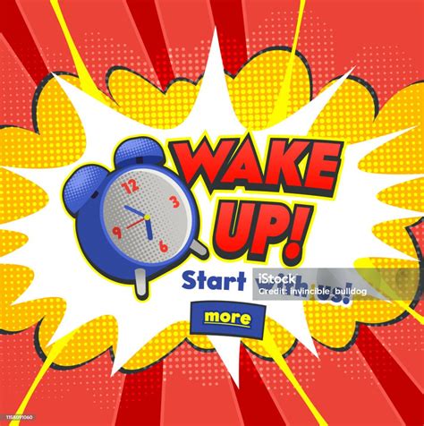 만화 알람 시계 울림 과 식 음성 거품 웨이크 업 텍스트와 배경 하프 톤 배경에 손으로 그린 복고풍 만화 팝 아트 스타일에 벡터 밝은 동적 만화 그림 기민에 대한 스톡 벡터