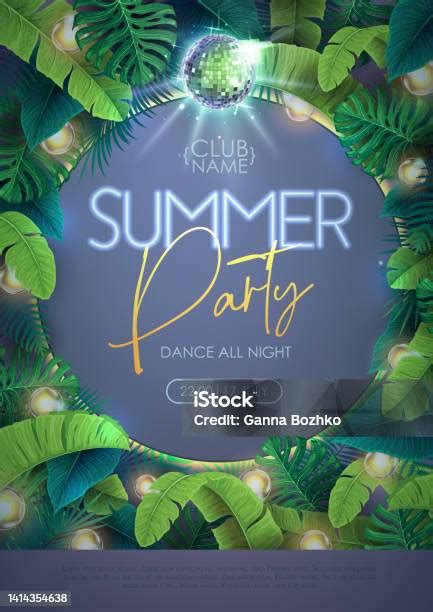 열대 지방의 잎과 현대 전기 램프가있는 여름 열대 디스코 파티 포스터 자연 개념 여름 배경 벡터 일러스트 레이 션 0명에 대한 스톡 벡터 아트 및 기타 이미지 Istock