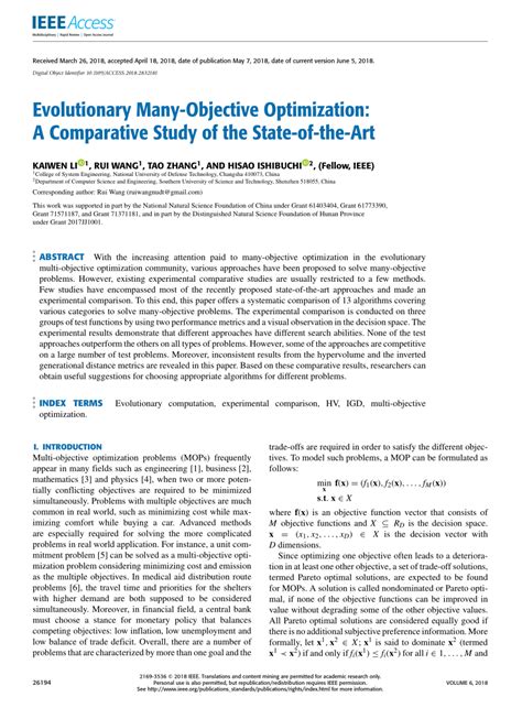 PDF Evolutionary Many Objective Optimization A Comparative Study Of The State Of The Art
