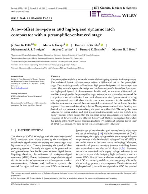 Pdf A Low Offset Low Power And High Speed Dynamic Latch Comparator With A Preamplifier