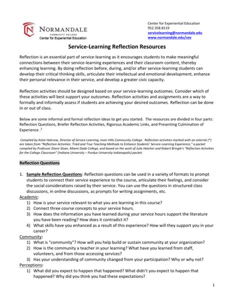 Service Learning Reflection Resources