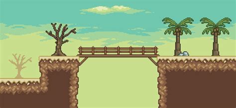 Pixel Art Desert Game Scene With Palm Tree Cactuses Bridge Tree 8bit