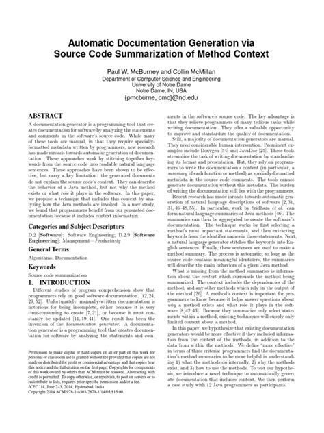Sp Automatic Documentation Generation Via Source Code Summarization Of Method Context Pdf