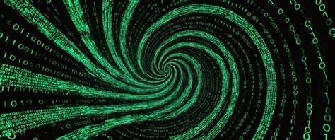 a spiraling vortex of green binary code on a black background evoking
