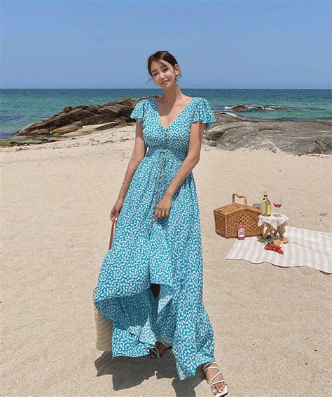 페미닌바캉스썸머룩여리여리청순 큐젤 플라워 반팔 백리스 밴딩 롱 원피스 에이블리