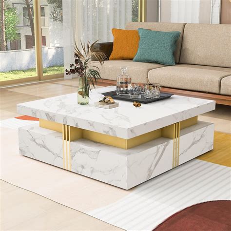 Ssline Modern White Gold Square Coffee Table Luxury Faux