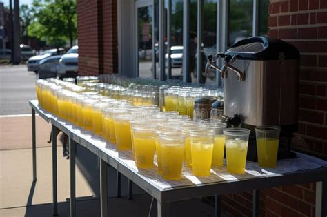 Lemonade Stand With Rows Of Glasses And Pitchers Ready For Thirsty