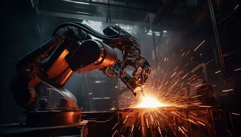 Automated Robotic Arm Welds Metal In Futuristic Steel Factory Generated By Ai Stock Illustration