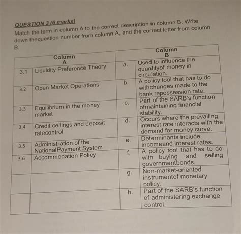 solved question 3 6 marks match the term in column a to