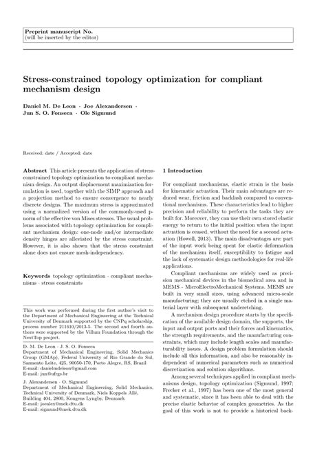 PDF Stress Constrained Topology Optimization For Compliant Mechanism Design