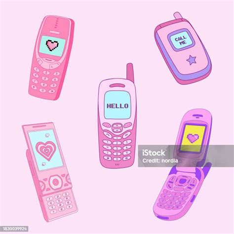 오래 된 휴대 전화의 Y2k 세트 유행 벡터 일러스트 레이 션 90 년대 2000 년대에 대한 향수 벡터 일러스트 레이 션 휴대전화에 대한 스톡 벡터 아트 및 기타 이미지