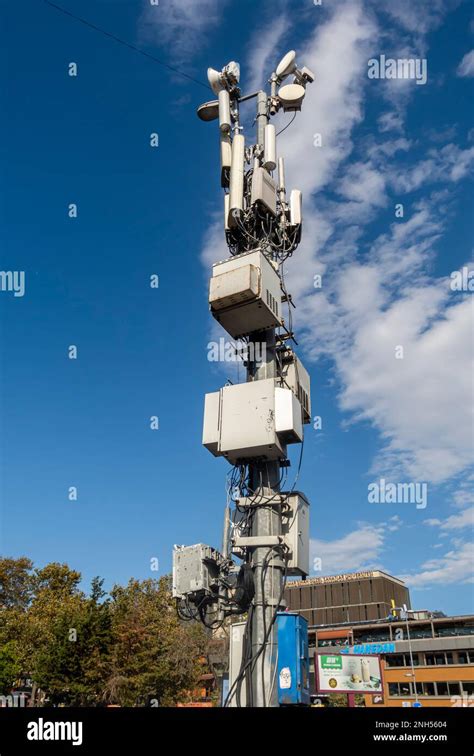Telecommunication Cell Tower Antenna Against Blue Sky Wireless Communication Mobile Internet