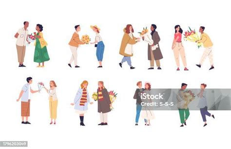 꽃을 주는 남자 남자는 번들 꽃을 주고 여자는 꽃다발 장미를 로맨틱 커플 여자 친구는 데이트 아내와 남편 축하 품위 있는 벡터 일러스트 레이 션에 선물을 받고 있습니다