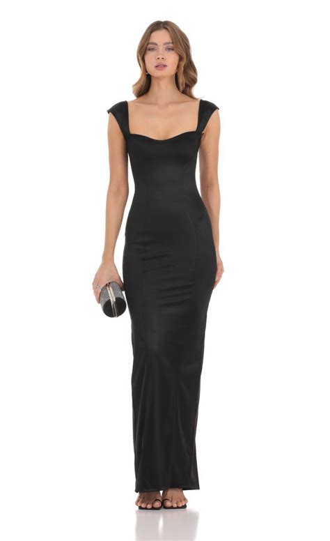 Satin Bodycon Maxi Dress In Black Simple Prom Dress Black Wedding Guest Dresses Black