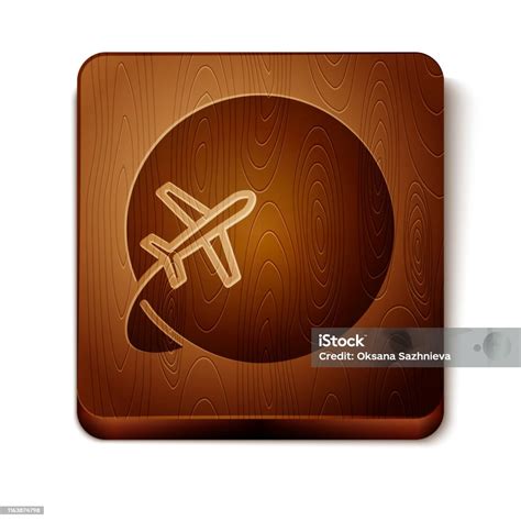 흰색 배경에 고립 된 비행 비행기 아이콘브라운 글로브 비행기는 행성 지구 주위를 비행 항공기 세계 아이콘입니다 나무 사각형 버튼입니다 벡터 일러스트레이션 0명에 대한 스톡