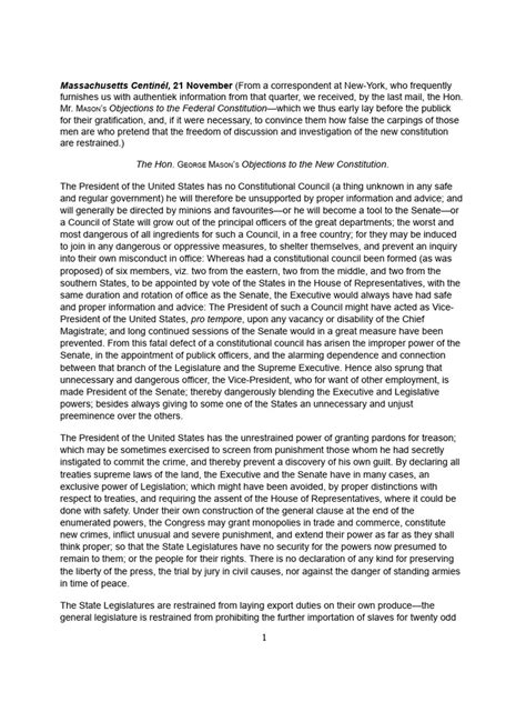George Masons Objections To The New Constitution Pdf United States Senate Presidents Of