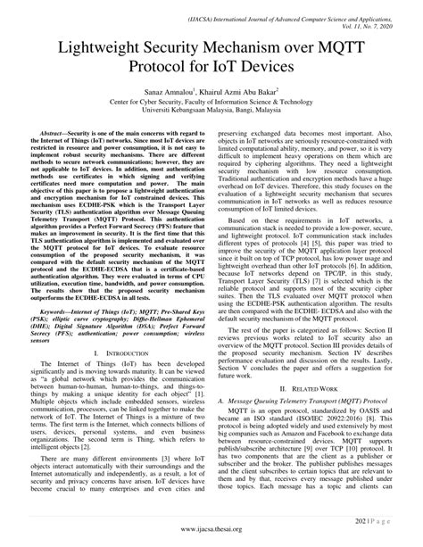 PDF Lightweight Security Mechanism Over MQTT Protocol For IoT Devices