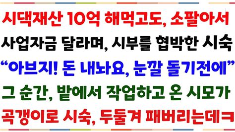 반전신청사연시댁재산 10억 해먹고도 소팔아서 사업자금달라며 시부를 협박한 시숙 아브지 돈줘요 빨리요 그순간 밭에서
