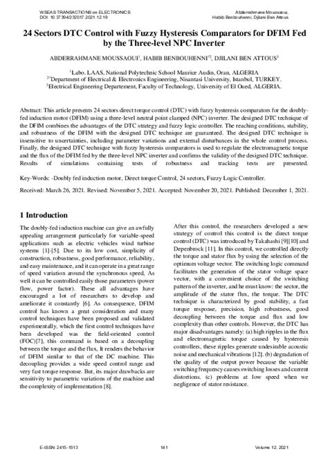 Pdf 24 Sectors Dtc Control With Fuzzy Hysteresis Comparators For Dfim Fed By The Three Level