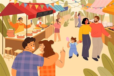 평면 디자인 길거리 음식 시장 그림 무료 벡터