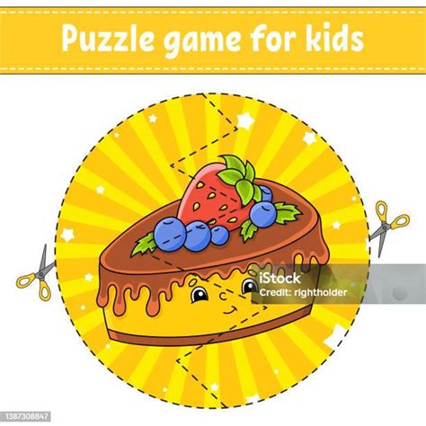 잘라 서 재생할 수 있습니다 둥근 퍼즐 아이들을위한 논리 퍼즐 활동 페이지입니다 생일 테마 유치원에 대한 절단 연습 만화 캐릭터 0명에 대한 스톡 벡터 아트 및 기타 이미지