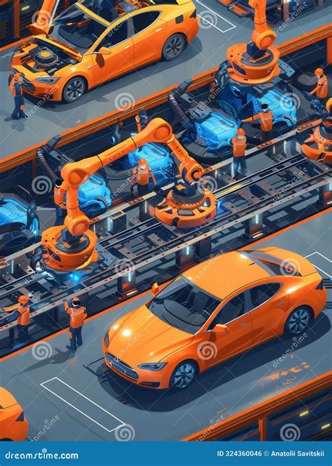 An Illustration Of A Dynamic Car Assembly Line Featuring Workers And Robots Collaborating On The
