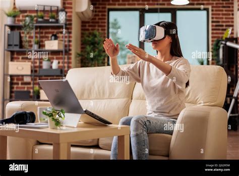 Happy Asian Woman Enjoying Wearing Vr Virtual Reality Headset Modern