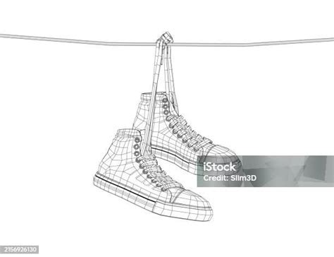흰색 배경에 밧줄에 매달려 있는 와이어프레임 운동화입니다 벡터 일러스트 레이 션입니다 3차원 0명에 대한 스톡 벡터 아트 및