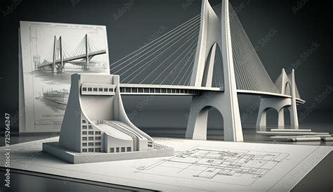 Vision Of Architecture Of A 3d Model Bridge Project With Blueprint Stock Illustration Adobe Stock
