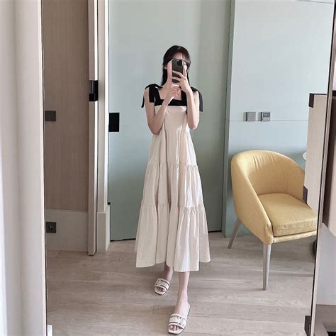 체리미 스퀘어넥 배색 나시 리본 캉캉 비치 롱 원피스