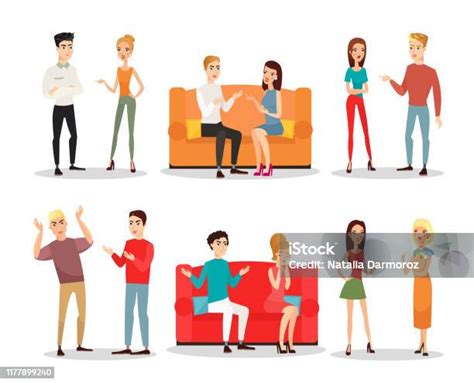 싸우는 사람들의 벡터 일러스트 세트 스캔들 남자와 여자는 비명과 싸움 다른 위치에 미친 사람들 플랫 만화 스타일입니다 2명에 대한 스톡 벡터 아트 및 기타 이미지 Istock