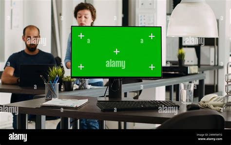 Greenscreen Template On Pc In Office Modern Computer Showing Isolated