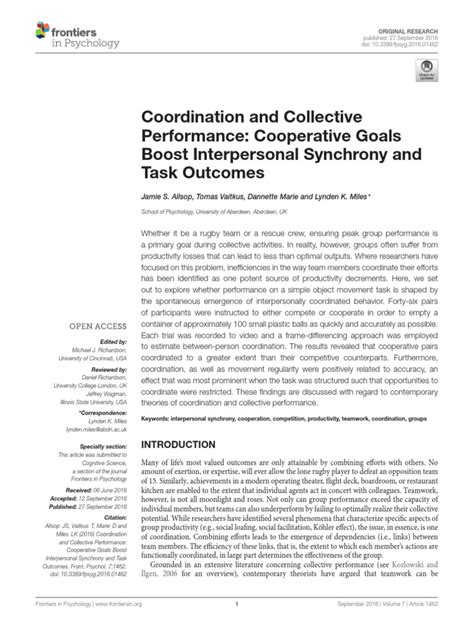 Allsop 2016 Coordination And Collective Performance Cooperative Goals Boost Interpersonal