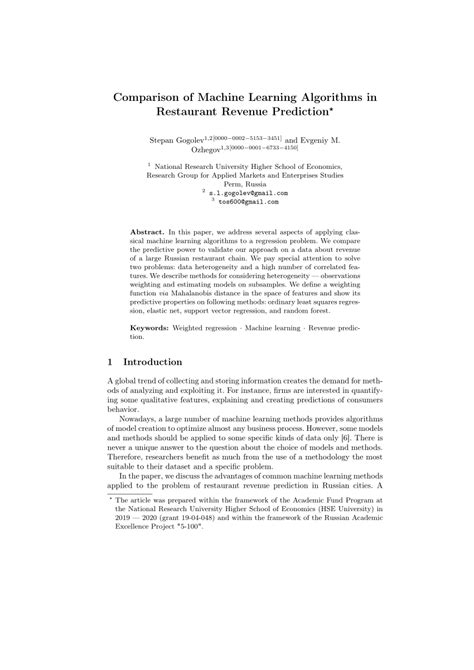 Pdf Comparison Of Machine Learning Algorithms In Restaurant Revenue Prediction