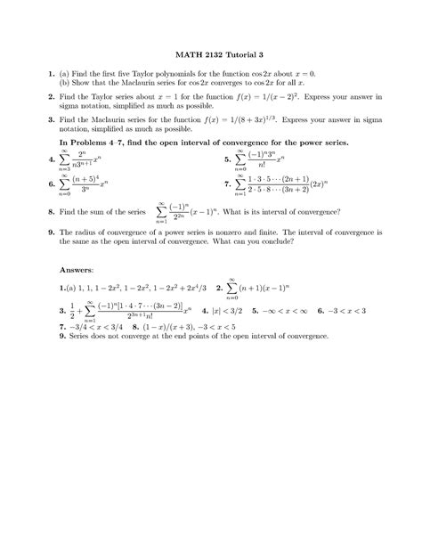 Engineering Mathematical Analysis 2 Tutorial Work Tutorial3 Math 2132 Tutorial 3 A Find