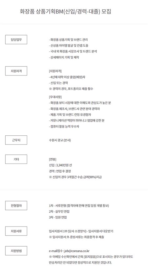 [코리아나화장품] 화장품 상품기획 Bm 신입 및 경력 채용 공모전 대외활동 링커리어