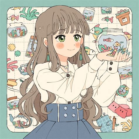 Eeppa Original Commentary Highres 1girl Blue Border Blue Nails Blue Skirt Blunt Bangs