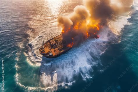 Aerial View Of Cargo Ship Explosion With Fire And Smoke Generative Ai Illustration Ilustración