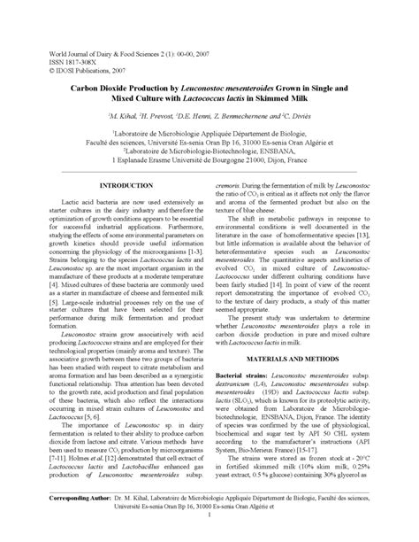 Pdf Carbon Dioxide Production By Leuconostoc Mesenteroides Grown In