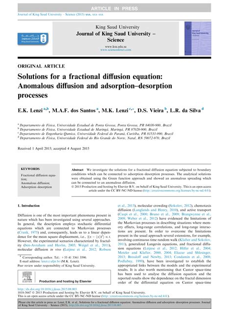 Pdf Solutions For A Fractional Diffusion Equation Anomalous Diffusion And Adsorption