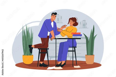 Sexual Harassment At Work Concept With People Scene In The Flat Cartoon Design Boss Sexually