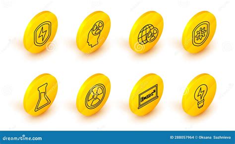 Set Line Light Bulb With Lightning Equation Solution Radioactive Test Tube And Flask Shield