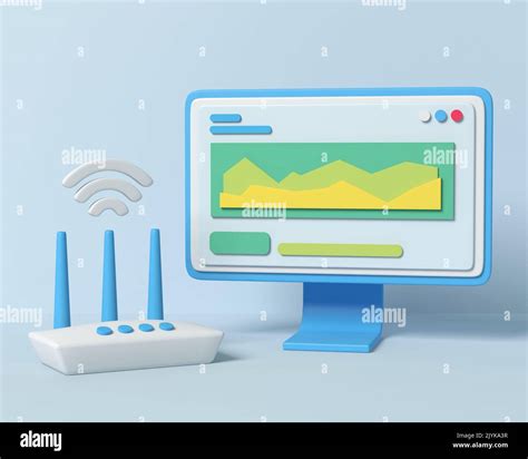 Computer With A Router And Wi Fi Symbol Monitor With Information And A Data Diagram The