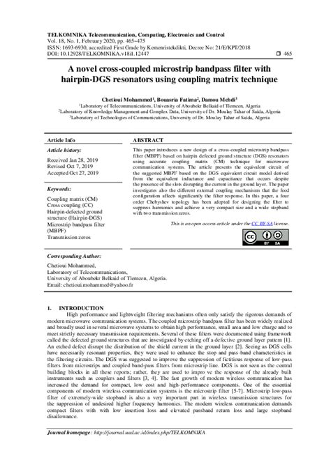 Pdf A Novel Cross Coupled Microstrip Bandpass Filter With Hairpin Dgs